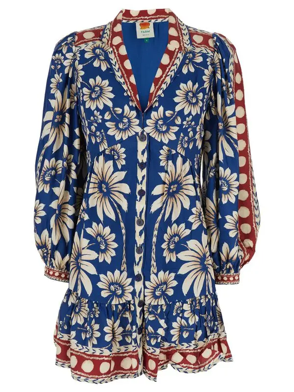 Farm Rio V-neck Floral Viscose Midi Dress With Balloon Sleeves And Front Button Closure - Blu