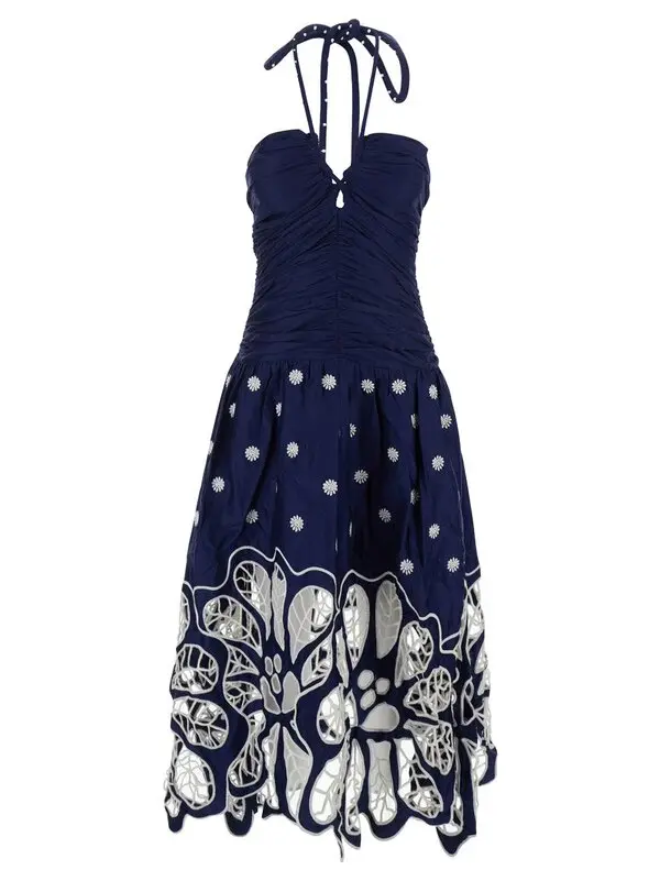 Farm Rio Long Halterneck Dress With Pearl Details And Richelieu Embroidery In Organic Cotton - Blu