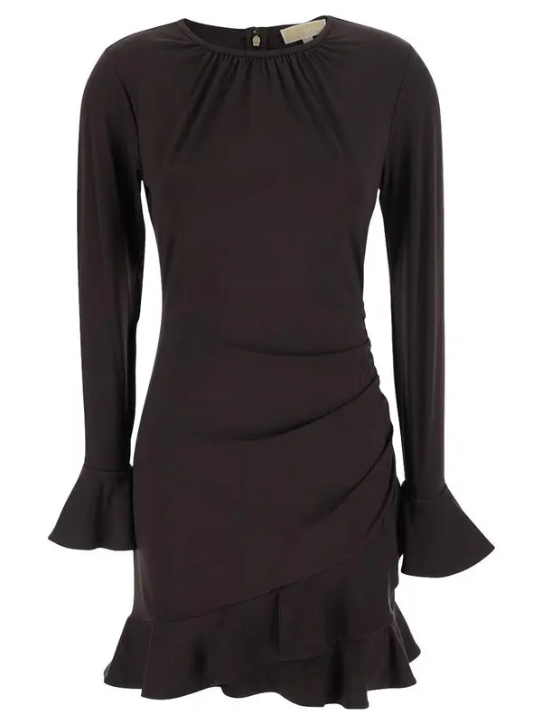 Michael Kors Rouched Ruffle Hem Short Sleeve Dress - Brown