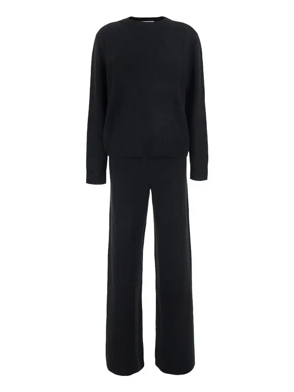 Soft Goat Cashmere Set For With V-neck Sweater And Elastic Waist Pants - Black