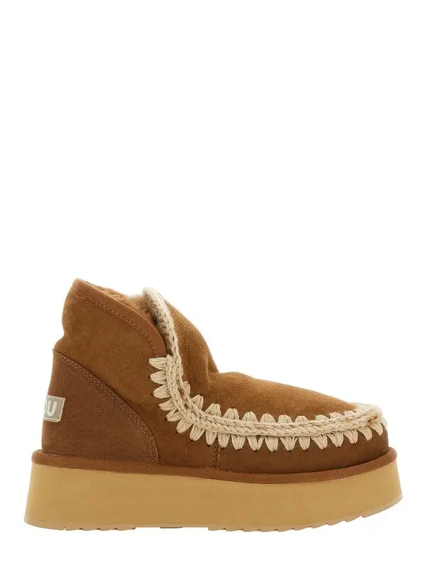 Mou Mini Eskimo Logo Patch Leather & Suede Ankle Boots With Platform And Slip-on - Brown