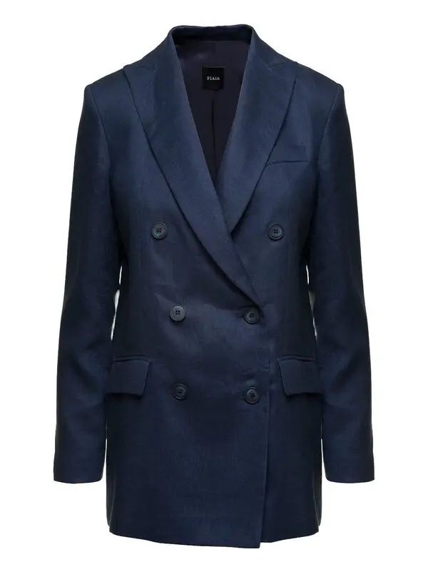 LEPLAIN Linen Double-breasted Blazer With Notched Revers - Blu