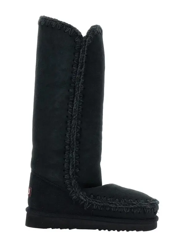 Mou Eskimo' Leather Boots With Braided Detail, Rear Logo Patch, Round Toe & Faux Fur Lining - Black