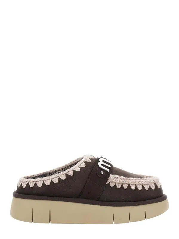 Mou Bounce' Leather Mule With Logo Lettering, Open Rear And Flat Rubber Sole - Brown