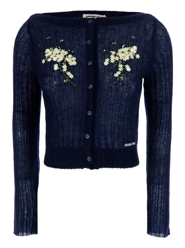 SHUSHU/TONG Floral Beaded V-neck Button Cardigan With Mohair & Wool Blend - Blu
