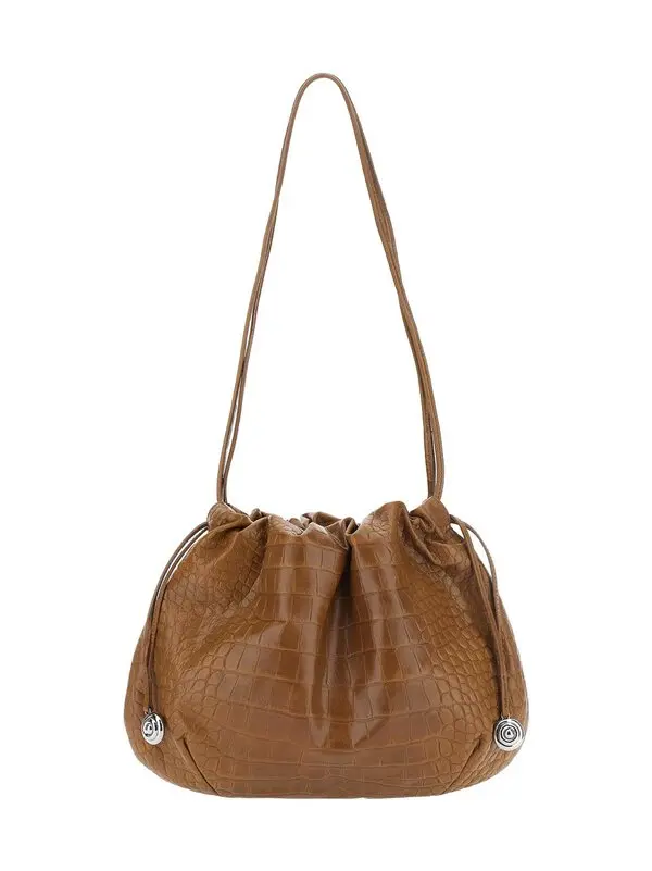 LIFFNER Calf Leather Clutch With Charm Detail And Drawstring Closure, Two Top Handles, 25x25x13 Cm - Brown