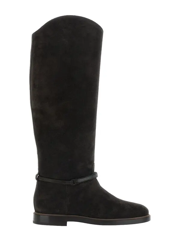 Brunello Cucinelli Suede Ankle Boots With Monile Detail & Side Zip Closure - Brown