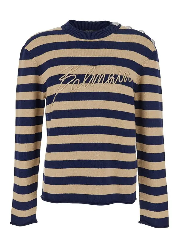 Balmain Wool Crewneck Sweater With Logo Lettering And All-over Striped Motif - Multicolor