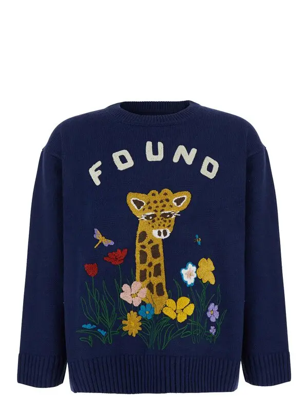 FOUND Wildlife Knit Sweater With Round Neck And Long Sleeves - Blu