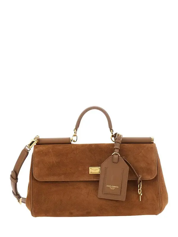 Dolce & Gabbana Medium Suede Handbag With Lock Detail, Top Handle & Adjustable Removable Strap - Beige