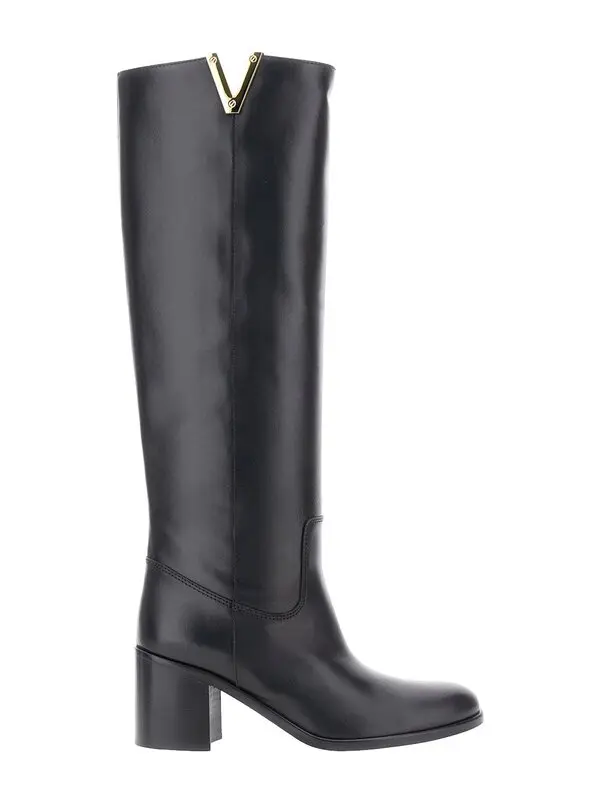 VIA ROMA 15 Cut-out Side Almond-toe Knee-high Boots With Logo Plaque - Black