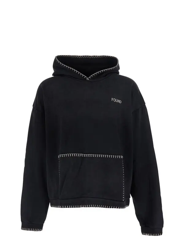 FOUND Cotton Fixed-hood Logo Lettering Hoodie With Kangaroo Pocket - Black