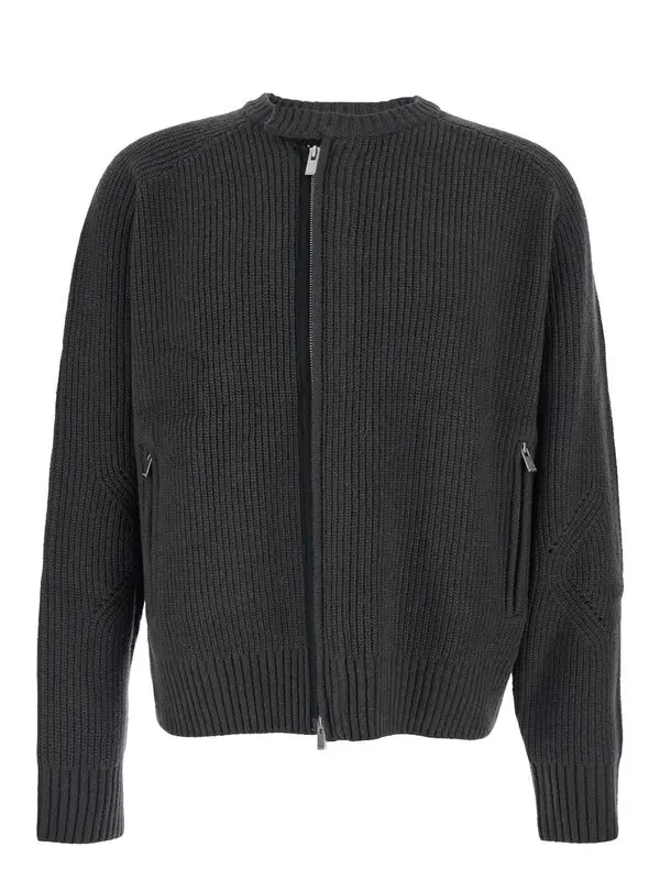 TONYWACK Merino Wool Ribbed Zip-front Crew Neck Cardigan - Grey