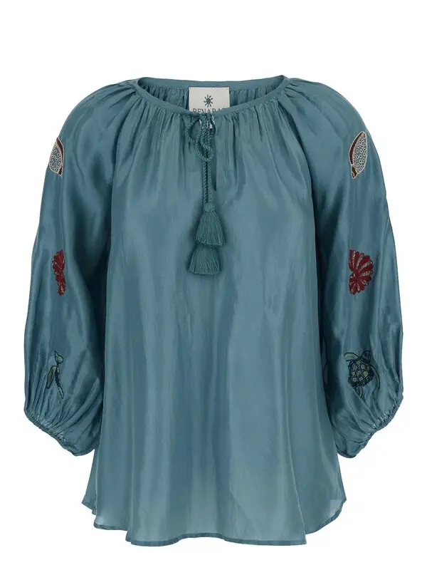 BENARAS BY CITRUS Short Silk Caftan With Adjustable Neck Knot And Marine Embroidery - Blu