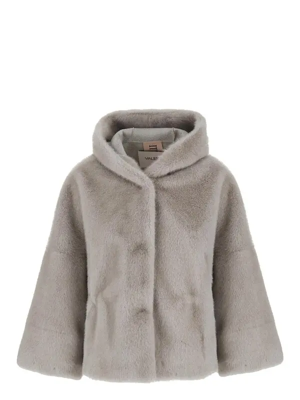VALENTINI 1972 Short Shearling Jacket With Fixed Hood In Ecofur - Grey