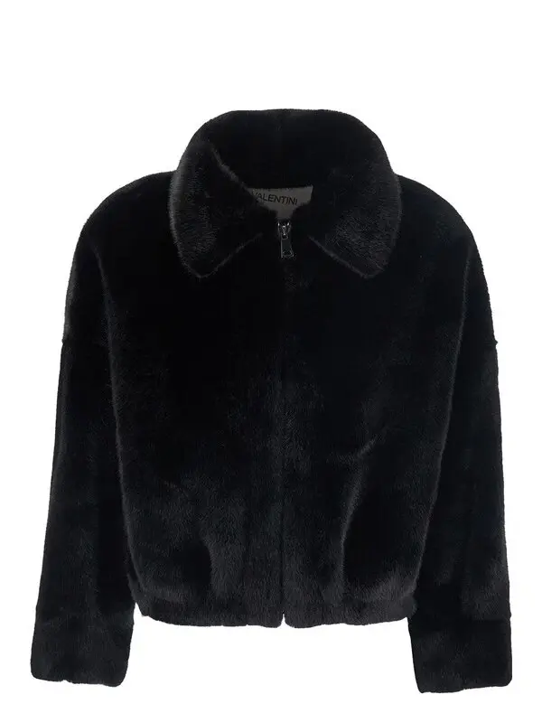 VALENTINI 1972 Short Shearling Jacket With Classic Collar And Front Zip In Ecofur - Black
