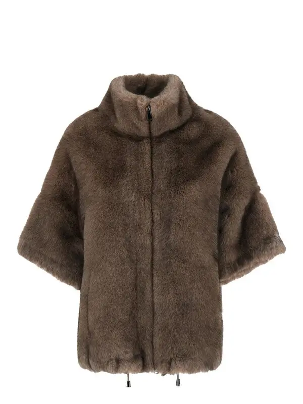 VALENTINI 1972 Short Shearling Jacket With High Collar & Drawstring Waist - Brown