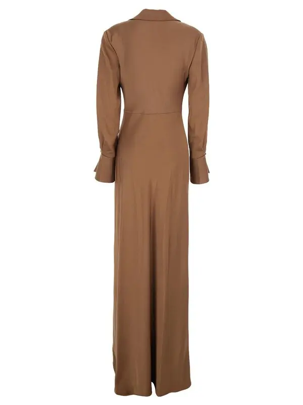 Simkhai Adelle Long Dress With Draped Neckline, Wide Cuffs & Button Sleeves - Brown
