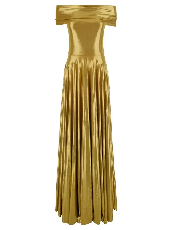Norma Kamali Long Sleeveless Boat Neck Dress With Pleated Tech Fabric Skirt - Metallic
