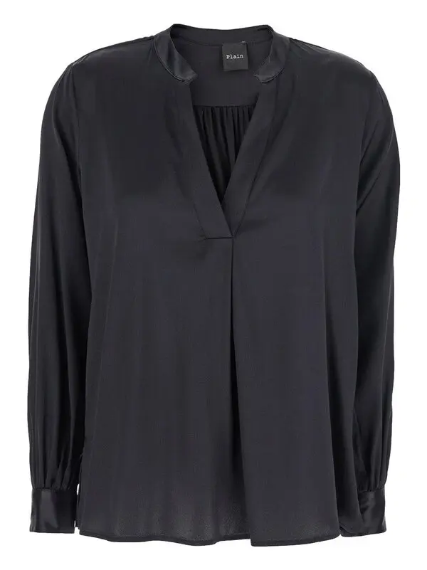 LEPLAIN Silk V-neck Blouse With Buttoned Cuffs And Pull-on Long Sleeves - Black