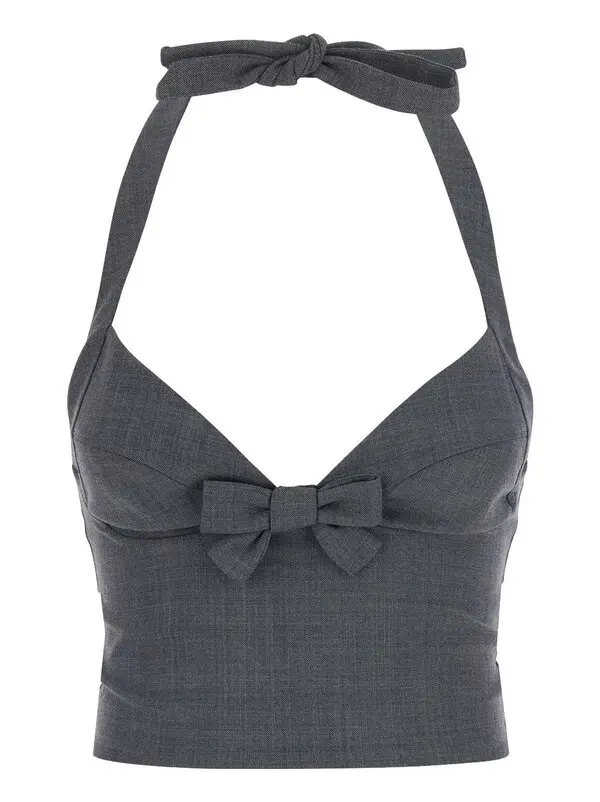 SHUSHU/TONG Wool-blend Knot Front Bow Detail Sleeveless Top With Back Zip - Grey