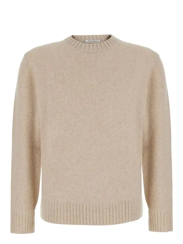 KANGRA Crewneck Sweater With Ribbed Wool-blend Details - Beige