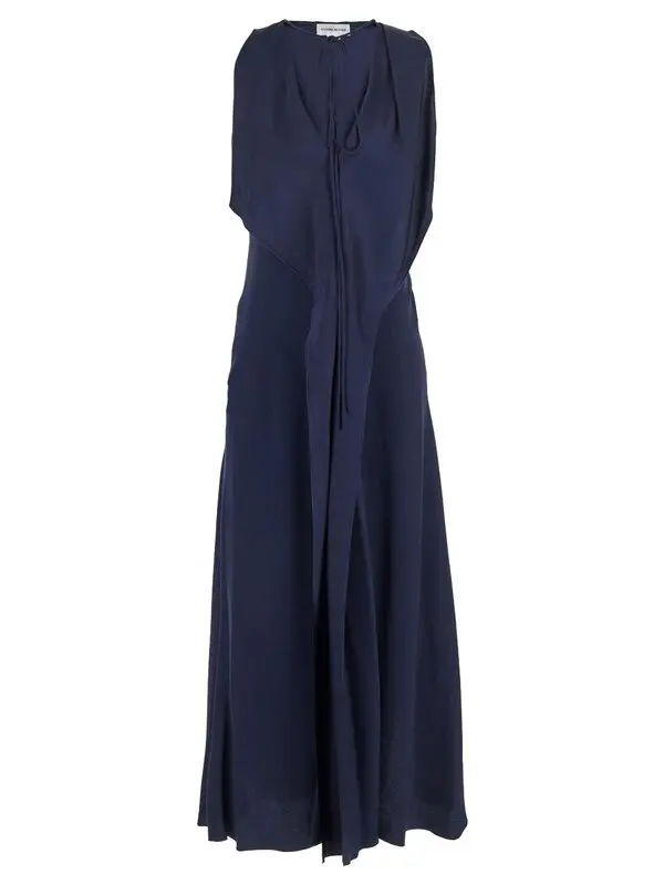 Victoria Beckham Style Sleeveless V-neck Long Dress With Front Tie Closure - Blu