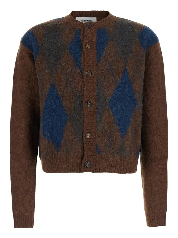 TONYWACK Brushed Argyle V-neck Cardigan With Long Sleeves - Brown