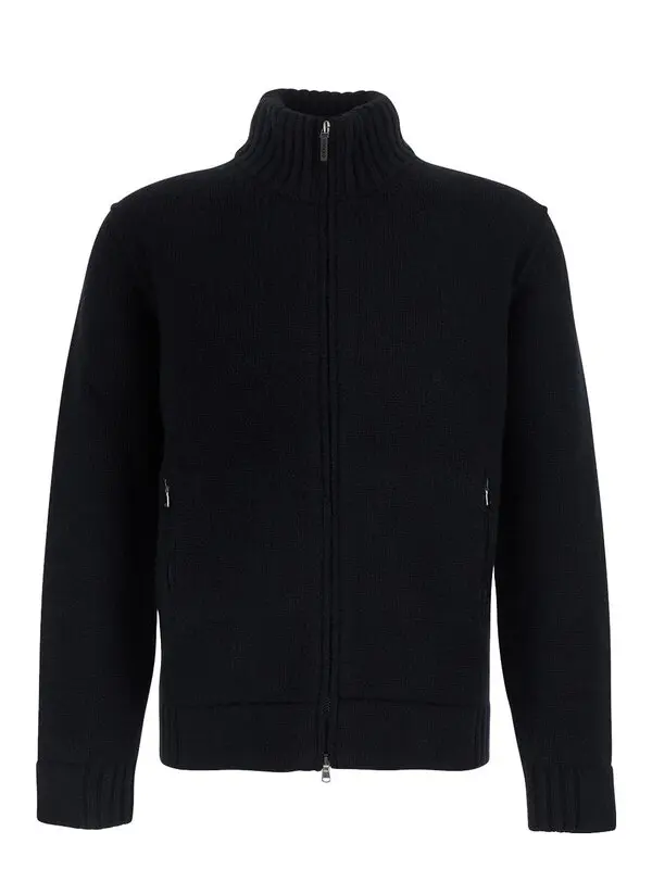 KANGRA Merino Wool High-collar Zip Cardigan With Side Zip Pockets - Black