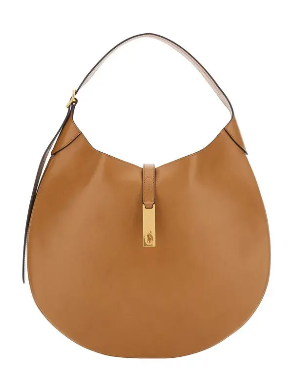 Polo Ralph Lauren Shoulder Handbag With Logo Detail & Antique Gold Hardware, Smooth Leather, 42.5 X 40 X 4.4 Cm - Brown