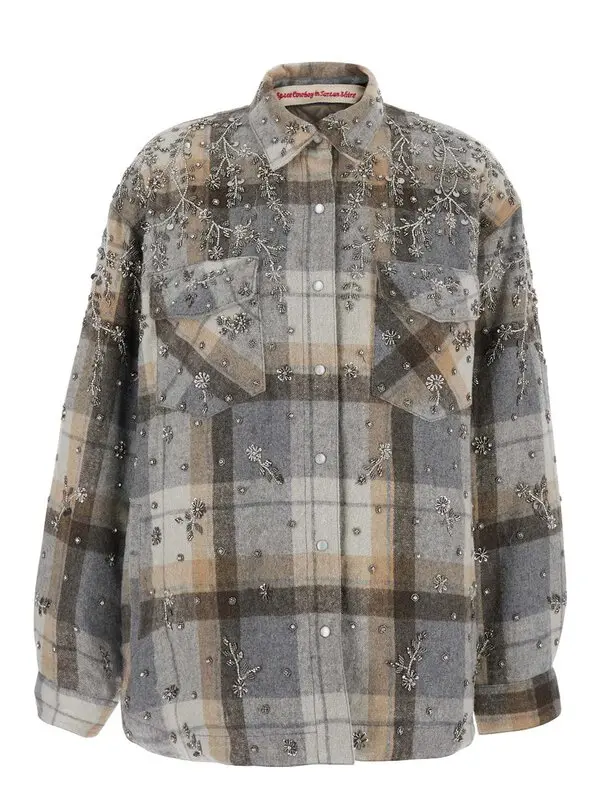SPACE COWBOY Metallic Embroidered Rhinestone Flannel Shirt For - Grey