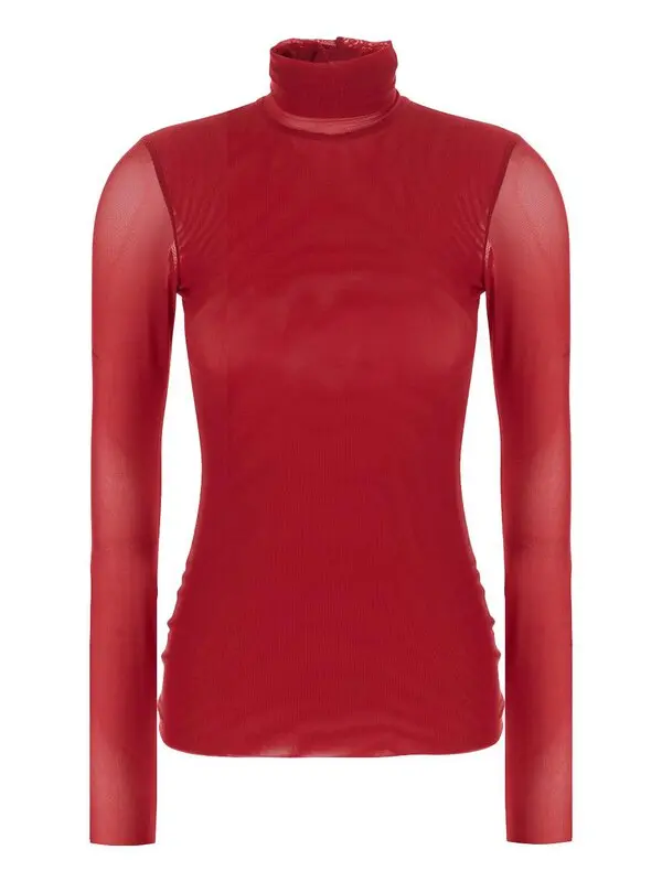LEPLAIN High-neck Long Sleeve Top In Tech Fabric With Mesh Sleeves - Red