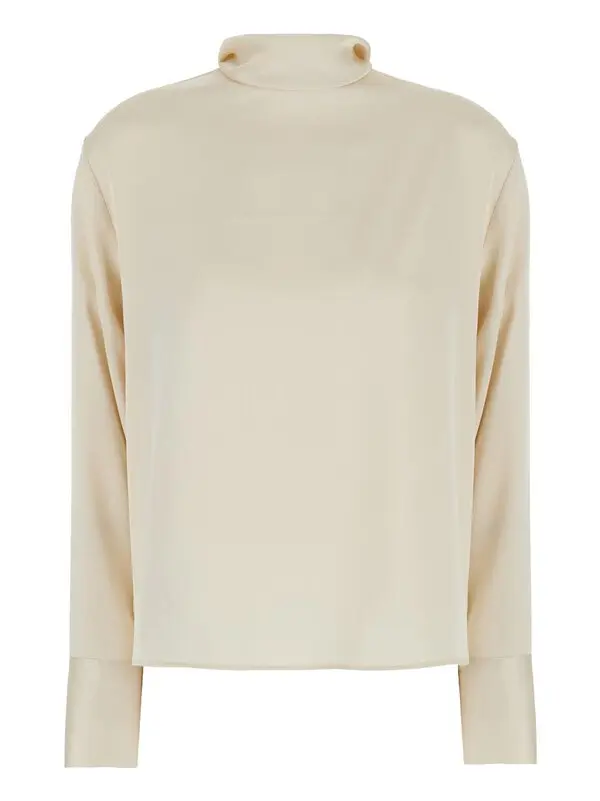 LEPLAIN Satin High-neck Blouse With Back Bow Detail - Beige