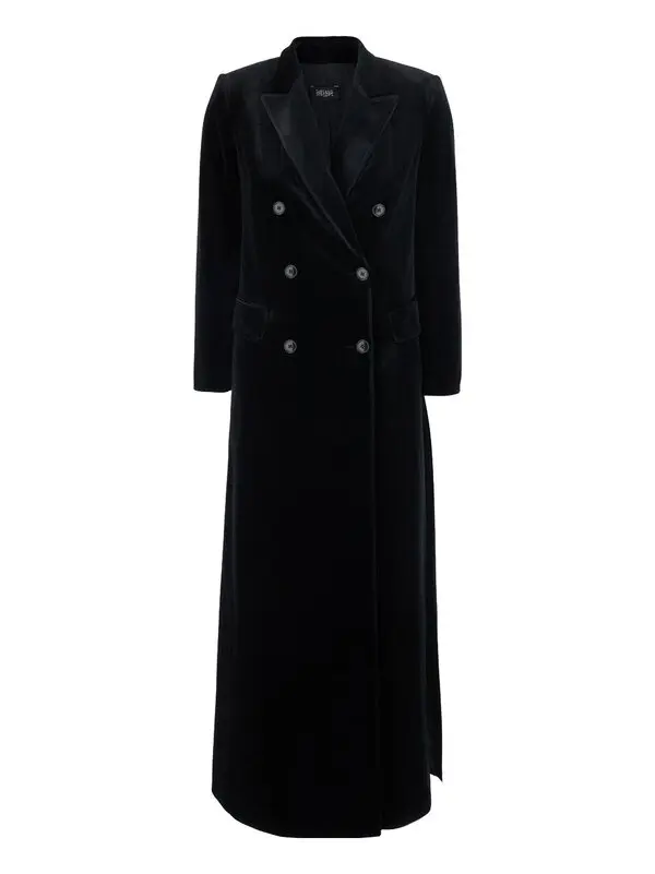 LEPLAIN Long Double-breasted Velvet Jacket With Peak Revers - Black