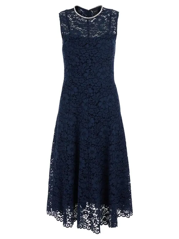 LEPLAIN Long Sleeve Round Neck Lace Detail Cotton Blend Flared Hem Dress - Blu