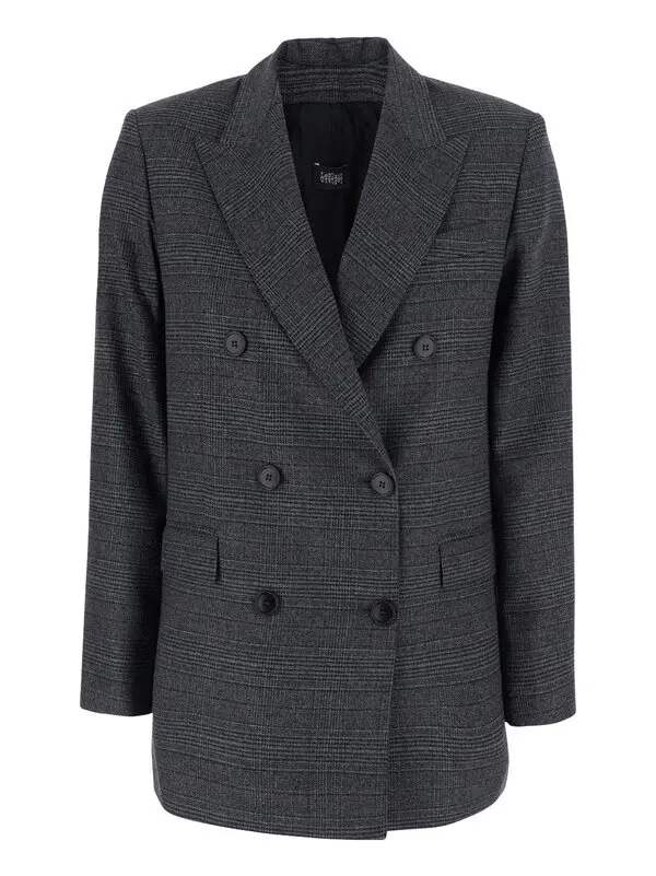 LEPLAIN Double-breasted Wool-blend Blazer Jacket With Peak Revers And All-over Check Motif - Grey