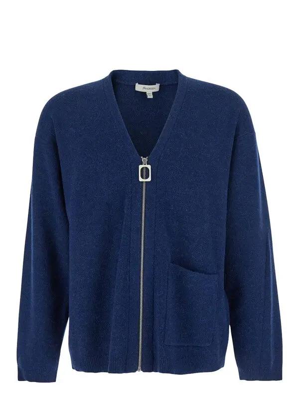 JW Anderson Wool Blend V-neck Cardigan With Front Zip Closure For - Blu
