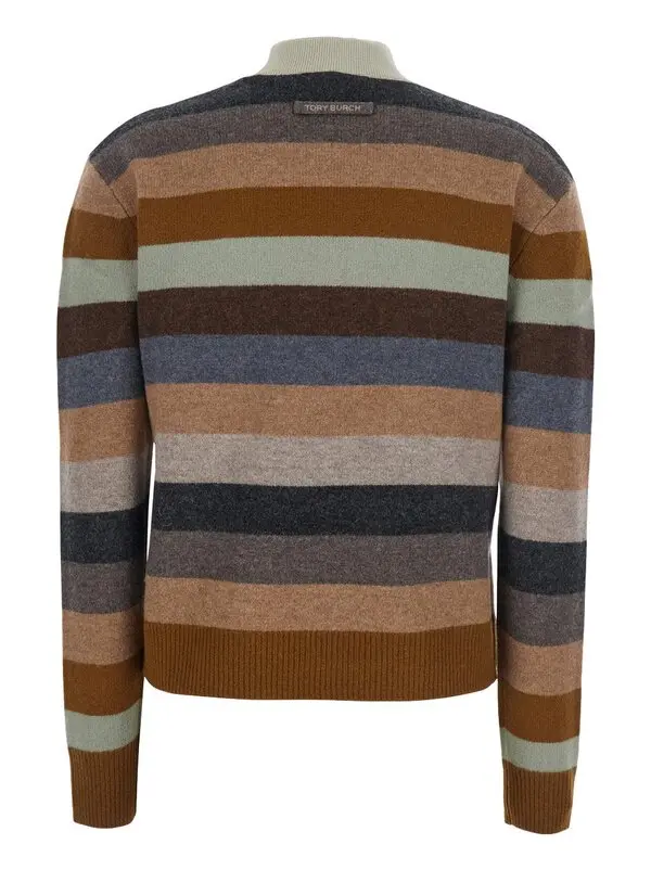 Tory Burch Wool High-neck Striped Sweater With Back Logo Patch - Multicolor