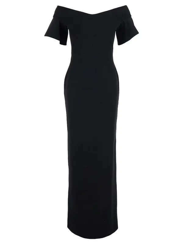 Solace London Cielo Off-shoulder Long Dress With Hidden Back Zip In Tech Fabric - Black