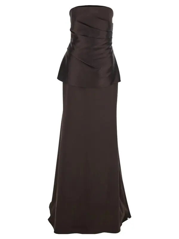 Solace London Tech Fabric Long Dress With Straight Neckline And Flared Design - Brown