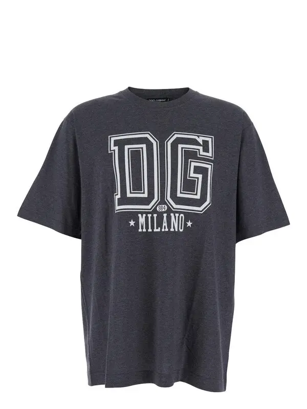 DOLCE E GABBANA Crewneck T-shirt With Front Logo Print In Cotton - Grey