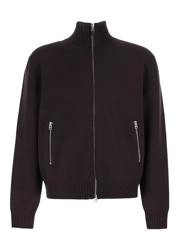 TOM FORD High-collar Ribbed Cotton-blend Sweater With Front Zip - Brown