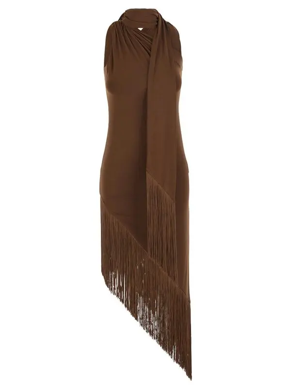 TALLER MARMO Wrap Collar Sleeveless Dress With Frayed Edge Detail - Brown