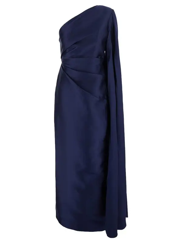 Solace London Tech Fabric Long Dress With Asymmetric Neckline And Draped Sleeveless Design - Blu