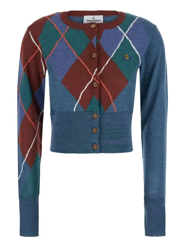 VIVIENNE WESTWOOD Argyle Cropped Cardigan In Wool Blend - Blu