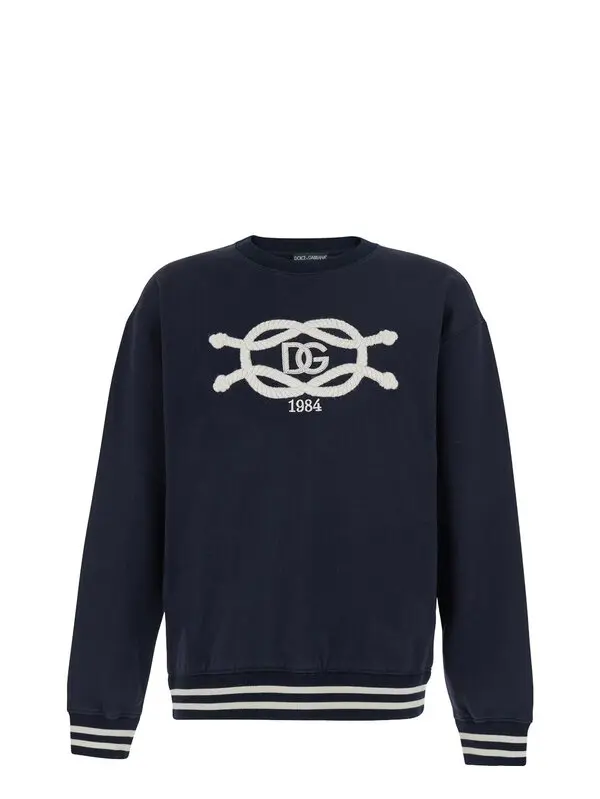 DOLCE E GABBANA Logo Embroidered Cotton Crewneck Sweatshirt With Striped Hem And Cuffs - Blu