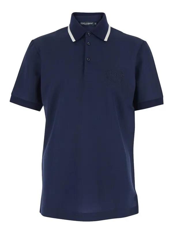 DOLCE E GABBANA Logo Front Tech Fabric Polo Shirt For With Classic Collar - Blu