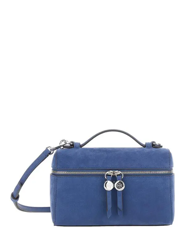 Tory Burch Romy Leather Crossbody Handbag With Adjustable And Removable Strap, Logo Lettering And Zip Closure, 19x12x6 Cm - Blu