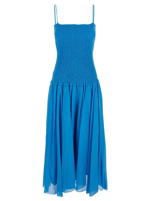 Tory Burch Pleated Long Dress With Square Neck And Thin Straps - Blu