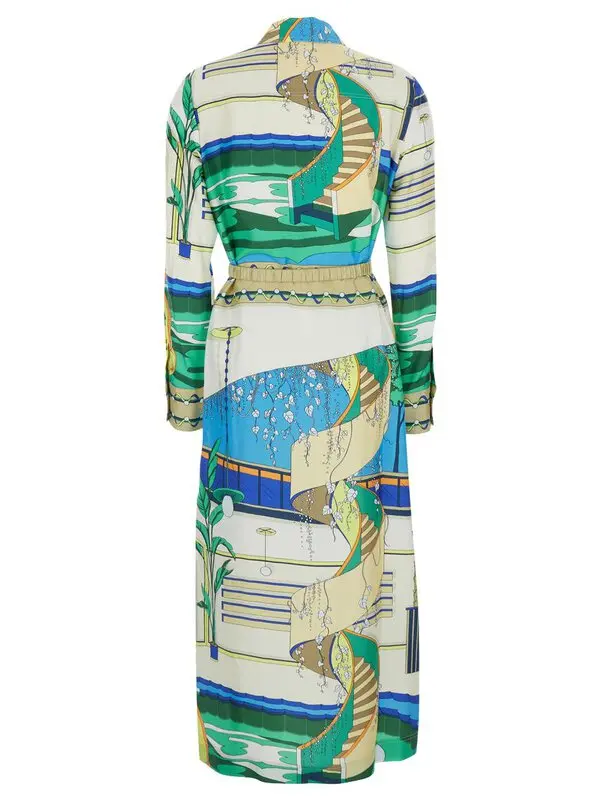 Tory Burch Silk Long Dress With Waist Belt & All-over Print - Multicolor